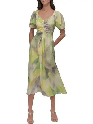 Dkny Ruched Printed Satin Midi Dress - Watercolor Hues