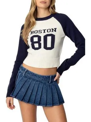 EDIKTED Boston Babe Raglan Sleeve Sweater - Navy-and-cream