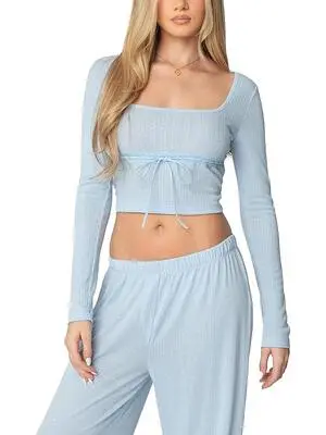 EDIKTED Ren Square Neck Pointelle Top - Light Blue