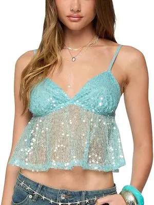 EDIKTED Sheer Sequin Babydoll Tank Top - Turquoise