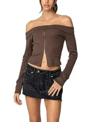 EDIKTED Clarissa Fold Over Ribbed Top - Brown