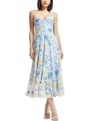 dress the population cosette strapless embroidered midi dress Kate Strapless Floral Embroidered Corset Midi Dress
