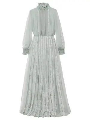 Valentino Garavani Ruffled Lace-trimmed Pleated Silk-chiffon Gown - Blue