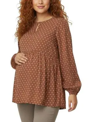 Motherhood Maternity Long Sleeve Empire Waist Woven Blouse - Mocha Mousse & Vanilla Dot