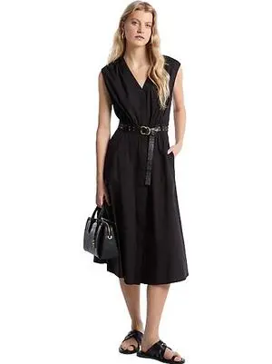Michael Kors Stretch Cotton Poplin Belted Midi Dress - Black