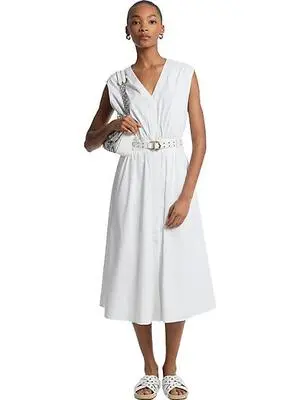 Michael Kors Stretch Cotton Poplin Belted Midi Dress - White