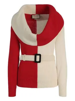 Gucci Chunky Wool Belted Sweater - White Red