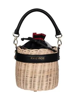 K'AI & VROSI Leather And Straw Bucket Bag With Drawstring - Black
