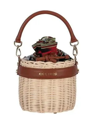 K'AI & VROSI Leather And Straw Bucket Bag With Drawstring Brown