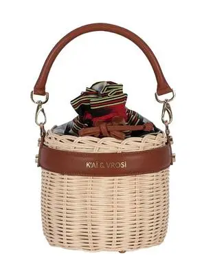 K'AI & VROSI Leather And Straw Bucket Bag With Drawstring - Brown