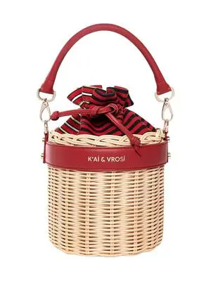 K'AI & VROSI Leather And Straw Bucket Bag With Drawstring Red