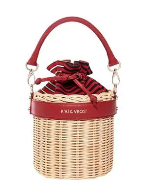 K'AI & VROSI Leather And Straw Bucket Bag With Drawstring - Red