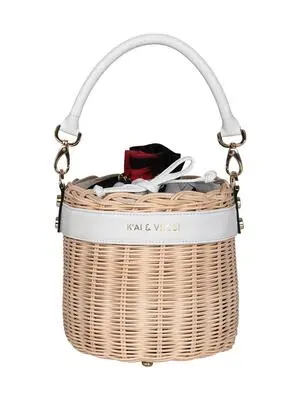 K'AI & VROSI Leather And Straw Bucket Bag With Drawstring - White