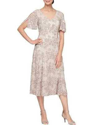 Alex Evenings Soutache Lace Cocktail Dress - Buff