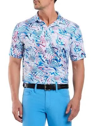 Robert Graham Wavelength Abstract Print Cotton Blend Performance Golf Polo - Blue