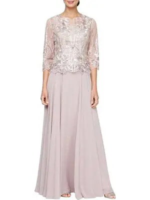 Alex Evenings Sequin Embroidered Lace Gown With Jacket - Blush