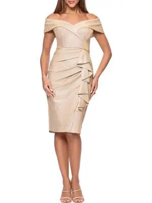 XSCAPE EVENINGS Metallic Ruffle Off The Shoulder Cocktail Dress - Gold/ Silver