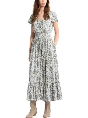 Treasure & Bond Print Smocked Waist Ruffle Hem Maxi Dress - Ivory Shell Willow Floral