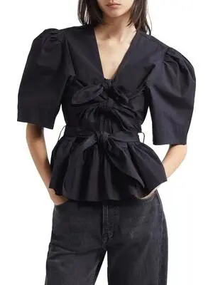 GANNI Bow Front Puff Sleeve Organic Cotton Poplin Top - Black