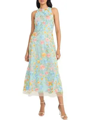 Maggy London Floral Embroidered Midi Dress - Yellow/ Pink/ Blue