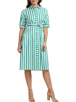 Foxcroft Esther Stripe Shirtdress - Kelly Green/ White