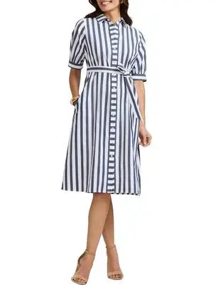 Foxcroft Esther Stripe Shirtdress - Navy/ White