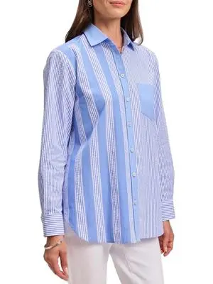 Foxcroft Mixed Stripe Boyfriend Shirt - Blue Multi