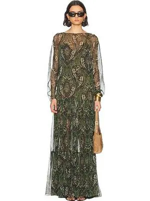 Saint Laurent Long Sleeve Maxi Dress - Vert Multico