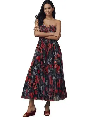 HUTCH Corene Strapless Floral Tulle A-line Midi Dress - Black Multi Winter Garden