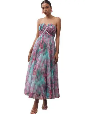 HUTCH Corene Strapless Floral Tulle A-line Midi Dress - Botanical Pattern
