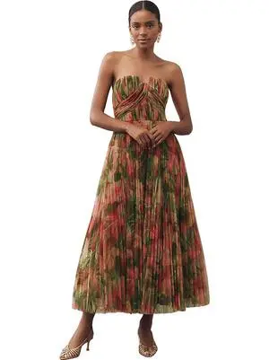HUTCH Corene Strapless Floral Tulle A-line Midi Dress - Green Pattern