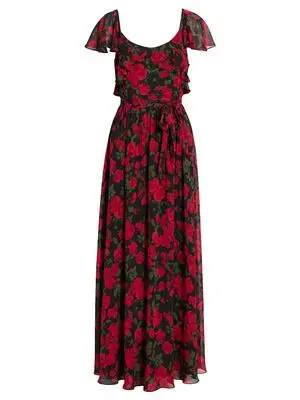 MIKAEL AGHAL Ruffled Floral-print Chiffon Maxi Dress - Red
