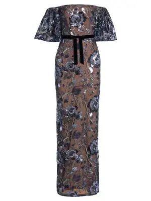 Marchesa Off-the-shoulder Embellished Tulle Gown - Navy