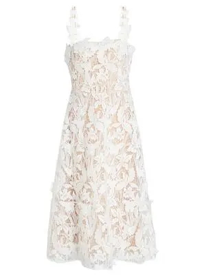 Marchesa Flared Guipure Lace Midi Dress - White