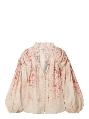 Zimmermann Illuminate Gathered Printed Ramie Blouse - Neutrals