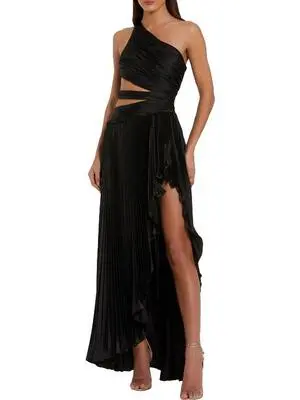 Mac Duggal One-shoulder Pleated Charmeuse Gown With Slit - Black
