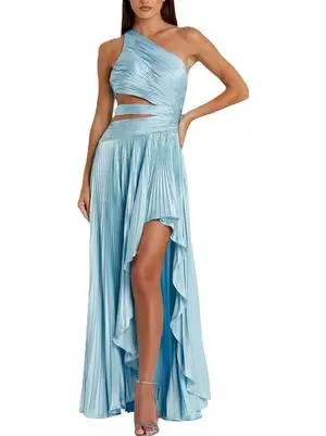 Mac Duggal One-shoulder Pleated Charmeuse Gown With Slit - Powder Blue