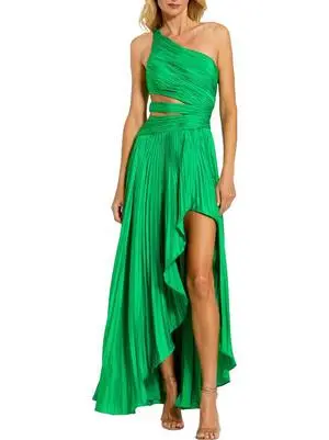 Mac Duggal One-shoulder Pleated Charmeuse Gown With Slit - Spring Green