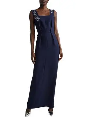 St. John Satin Back Crepe Gown With Bow And Shawl - Midnight