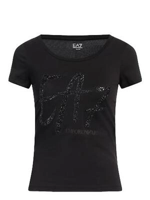 EA7 Cotton Elastane T-shirt With Glittered Logo - Black