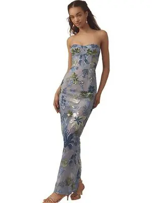 BRONX AND BRONCO Strapless Stretch Sequin Dahlia Maxi Dress Baby Blue Multi
