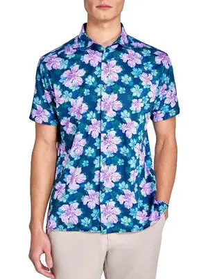 CON.STRUCT Regular Fit Layered Hibiscus Recycled Performance Golf Button-down Shirt - Navy/purple