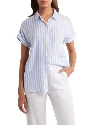 BEACHLUNCHLOUNGE Kenzie Stripe Short Sleeve Shirt - Blue Veil