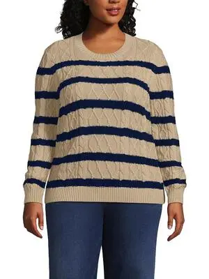 LANDS' END Cotton Drifter Crew Cable Pullover Sweater Champagne/deep Sea Gulf Stripe