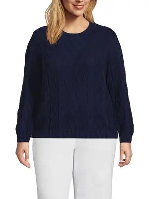 LANDS' END Cotton Drifter Crew Cable Pullover Sweater Deep Sea Navy