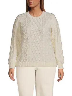 LANDS' END Cotton Drifter Crew Cable Pullover Sweater Fresh Ivory