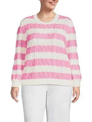 LANDS' END Cotton Drifter Crew Cable Pullover Sweater Light Rose Pink Classic Stripe