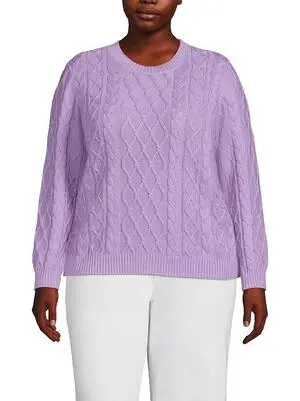 LANDS' END Cotton Drifter Crew Cable Pullover Sweater Lilac Petal