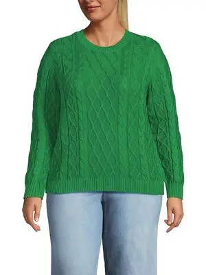 LANDS' END Cotton Drifter Crew Cable Pullover Sweater Vibrant Clover