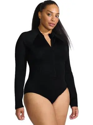 LANDS' END Floral Long-sleeve One-piece Rash Guard Swimsuit - Black